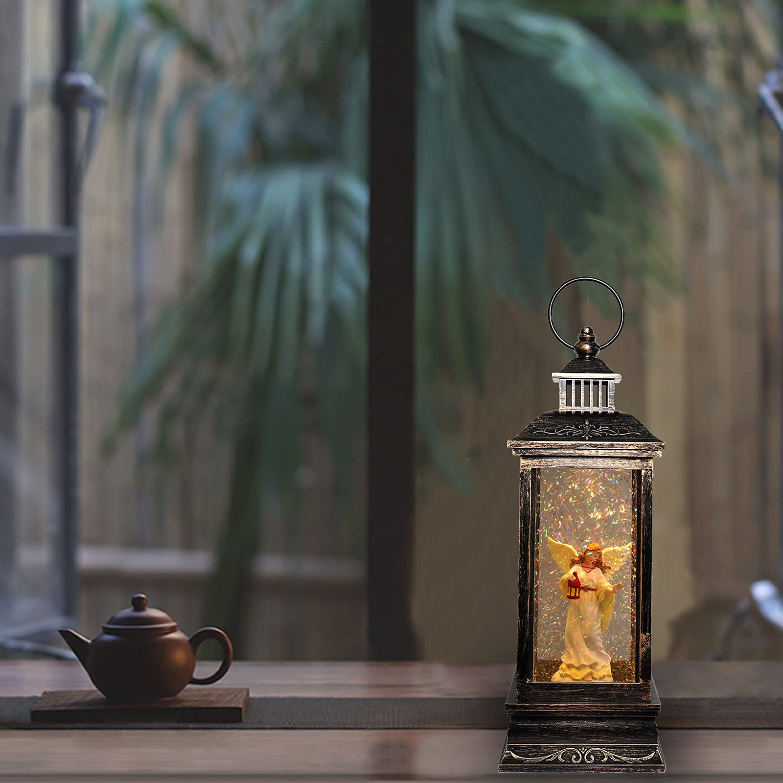 Christmas Water Glittering Snowing Globe Lantern Night Light with Music Plug-in and Battery Operated Gift for Birthday Xmas Valentines’ Day Thanks-Giving 12 Inches