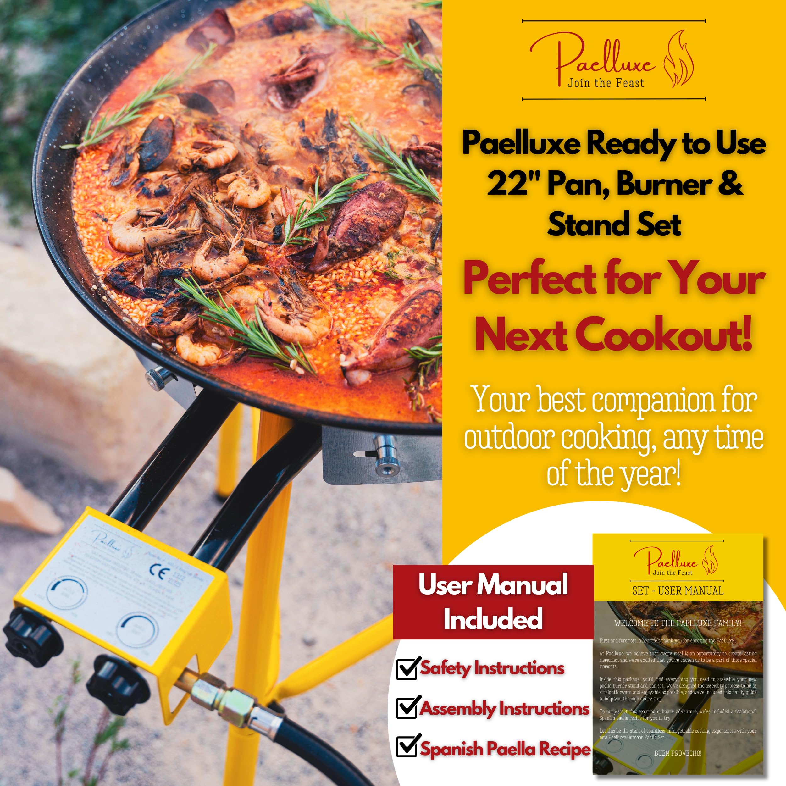 Complete Paella Pan Burner & Stand Set - Double Propane Burners 22 Inch Pan Set - Outdoor Gas Stove - Portable Cooking - Burner Table Top Burners - Camping Grill Backyard
