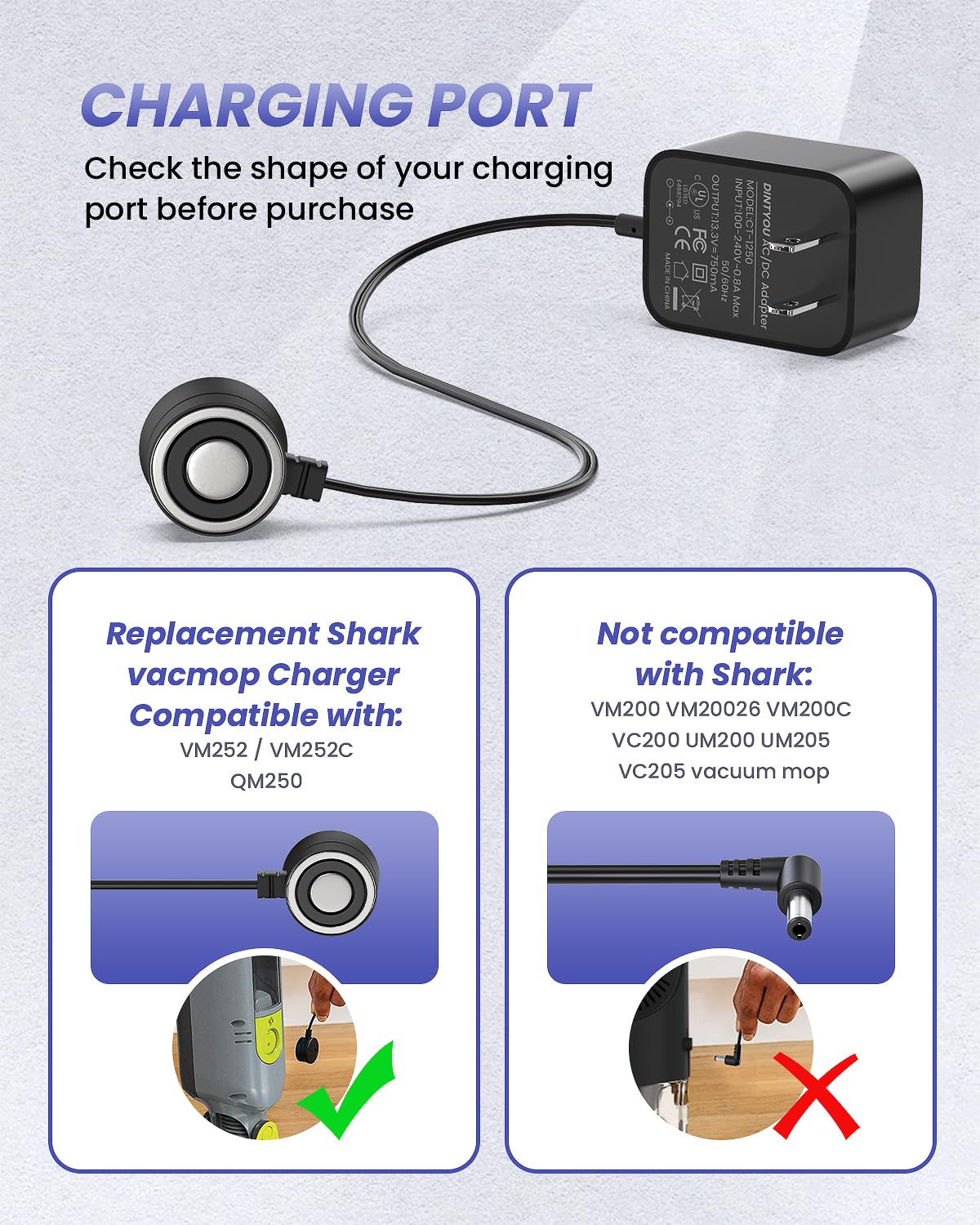 Replacement for Shark VACMOP VM252 VM252C QM252 VM251 VM250 Shark Cordless Hard Floor Vacuum Mop Magnetic Power Cord