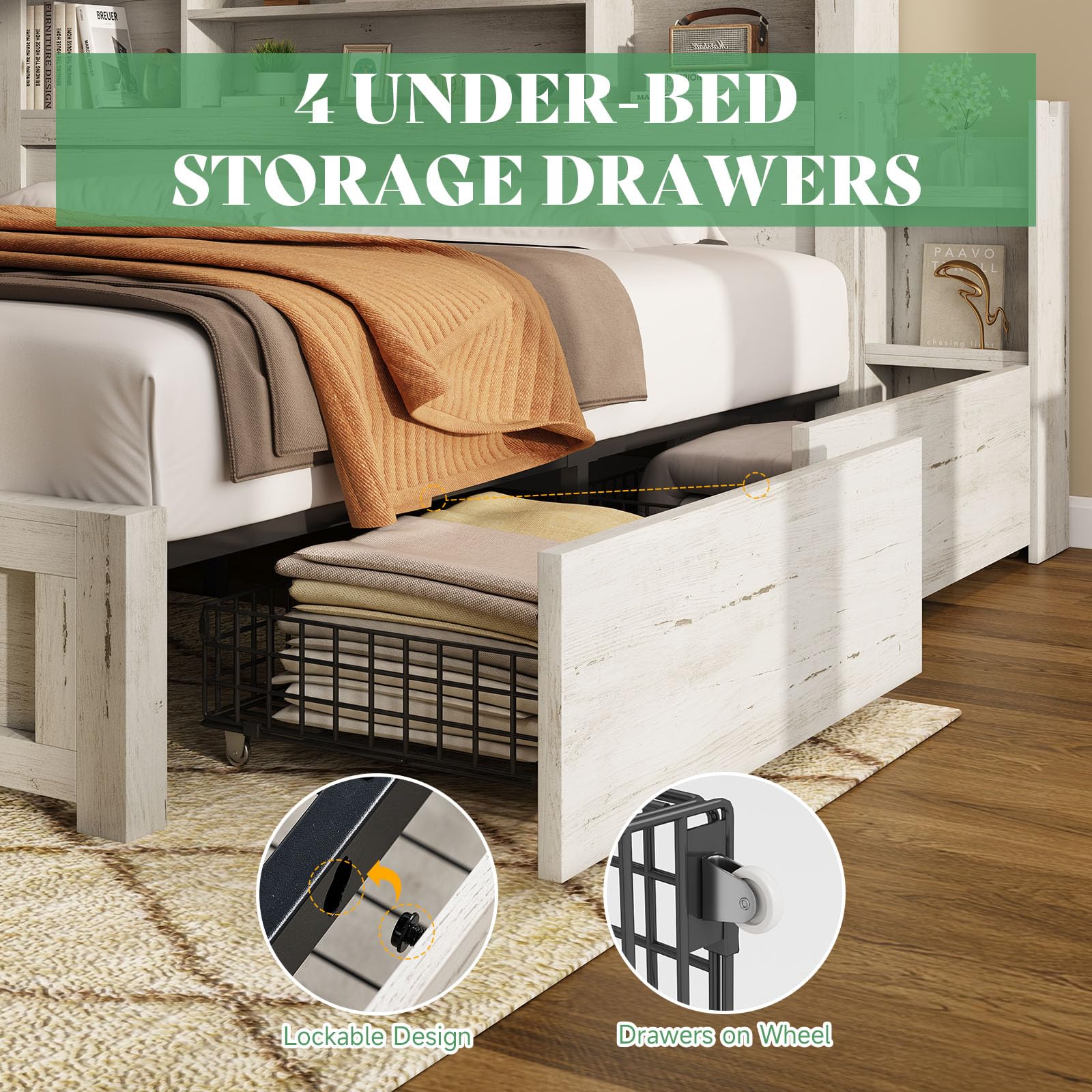 AMERLIFE King Size Bed Frame with 4 Storage Drawers, LED Bed Frame with 49.6" Tall Bookcase Headboard, Wood Platform Bed with Charging Station & 2 Slide Bedside Shelf, No Box Spring Needed/Black