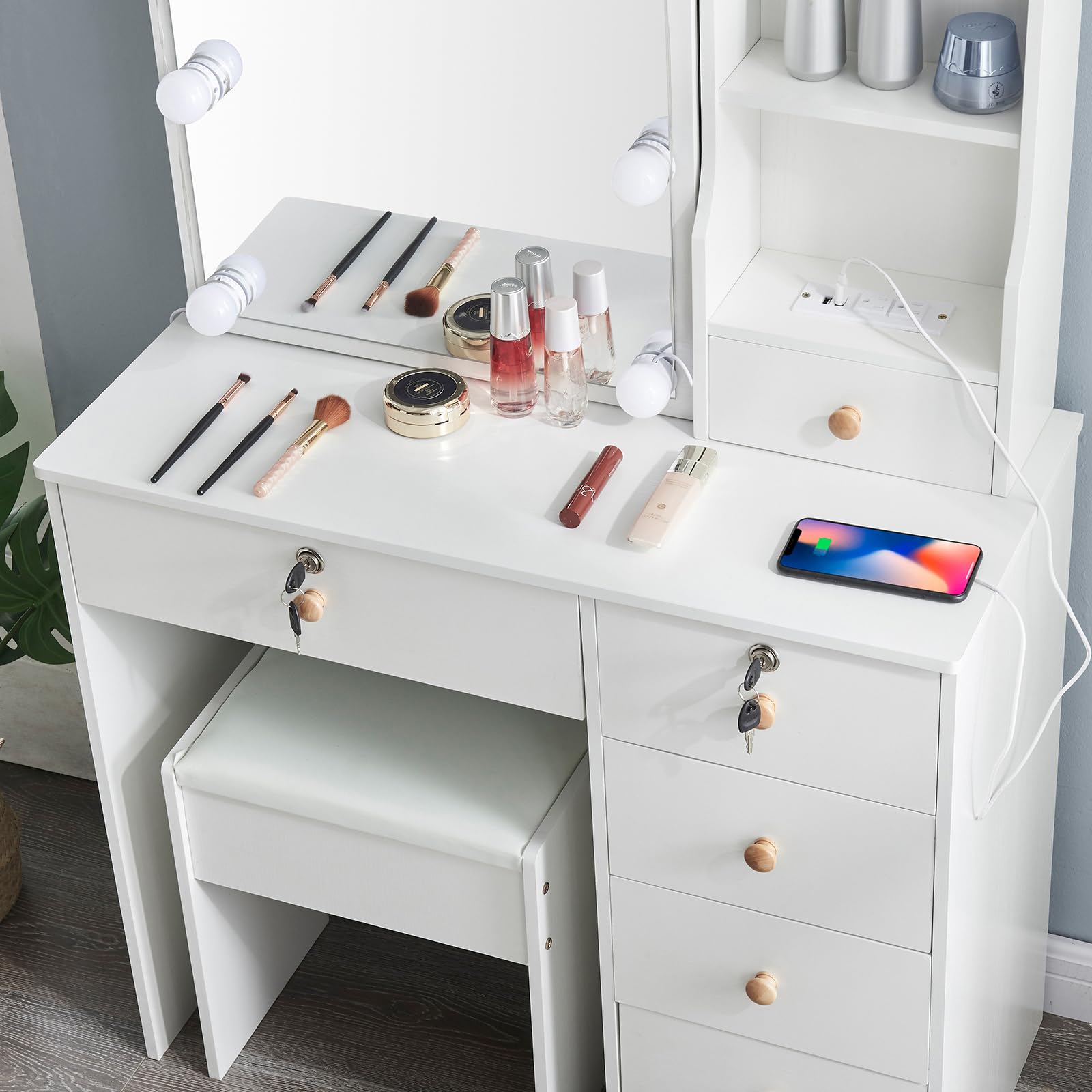Abesthink Vanity Desk with Lighted Mirror and Drawers, Makeup Table Set Power Strip & USB Ports, Dressing Table with Stool and Shelves for Women Gift