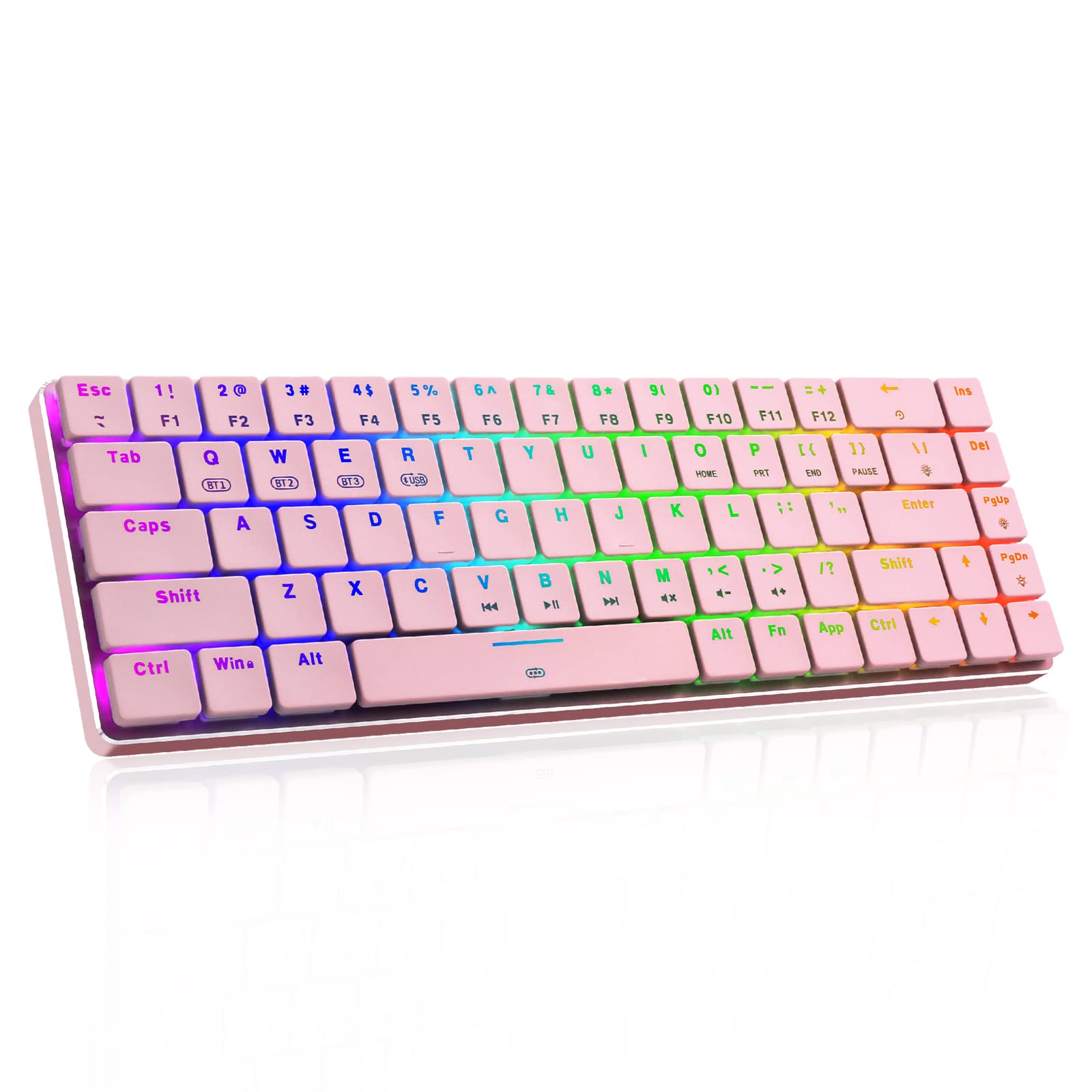 chuangquan CQ009 Mechanical Wireless/Wired Gaming Keyboard Bluetooth 5.0 RGB Backlit Red Switch Compact 69 Keys Compatible with PC, Laptop and Smartphone (Pink)