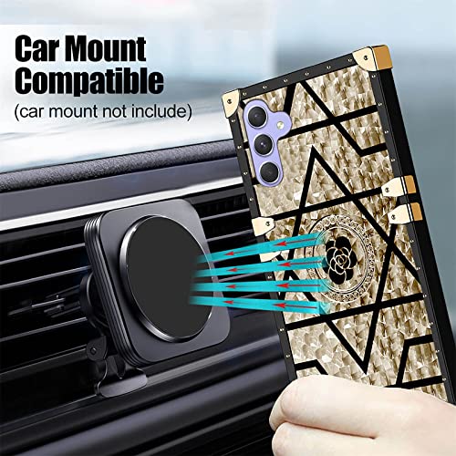 CCSmall Square Phone Case for Samsung Galaxy A34 5G with Ring Kickstand for Women Girly, Cute Elegant Metal Decoration Corner Soft TPU Case Cover for Samsung Galaxy A34 5G BF Plaid Gold