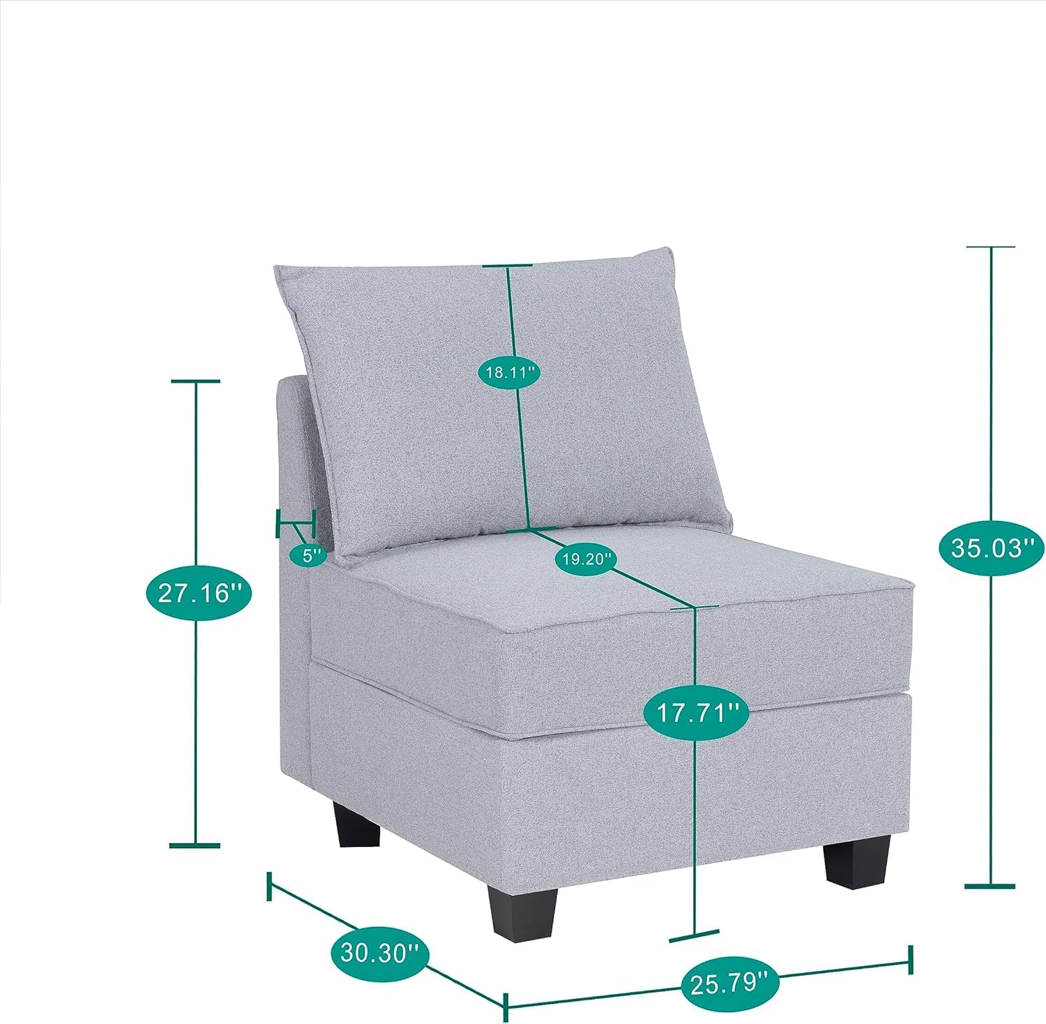 Naomi Home Modular Sofa Middle Module with Storage Accent Armless Chair for Modular Sofa Customizable Sectional Sofa Couch Accent Armless Chair, Linen, Robin Egg Blue