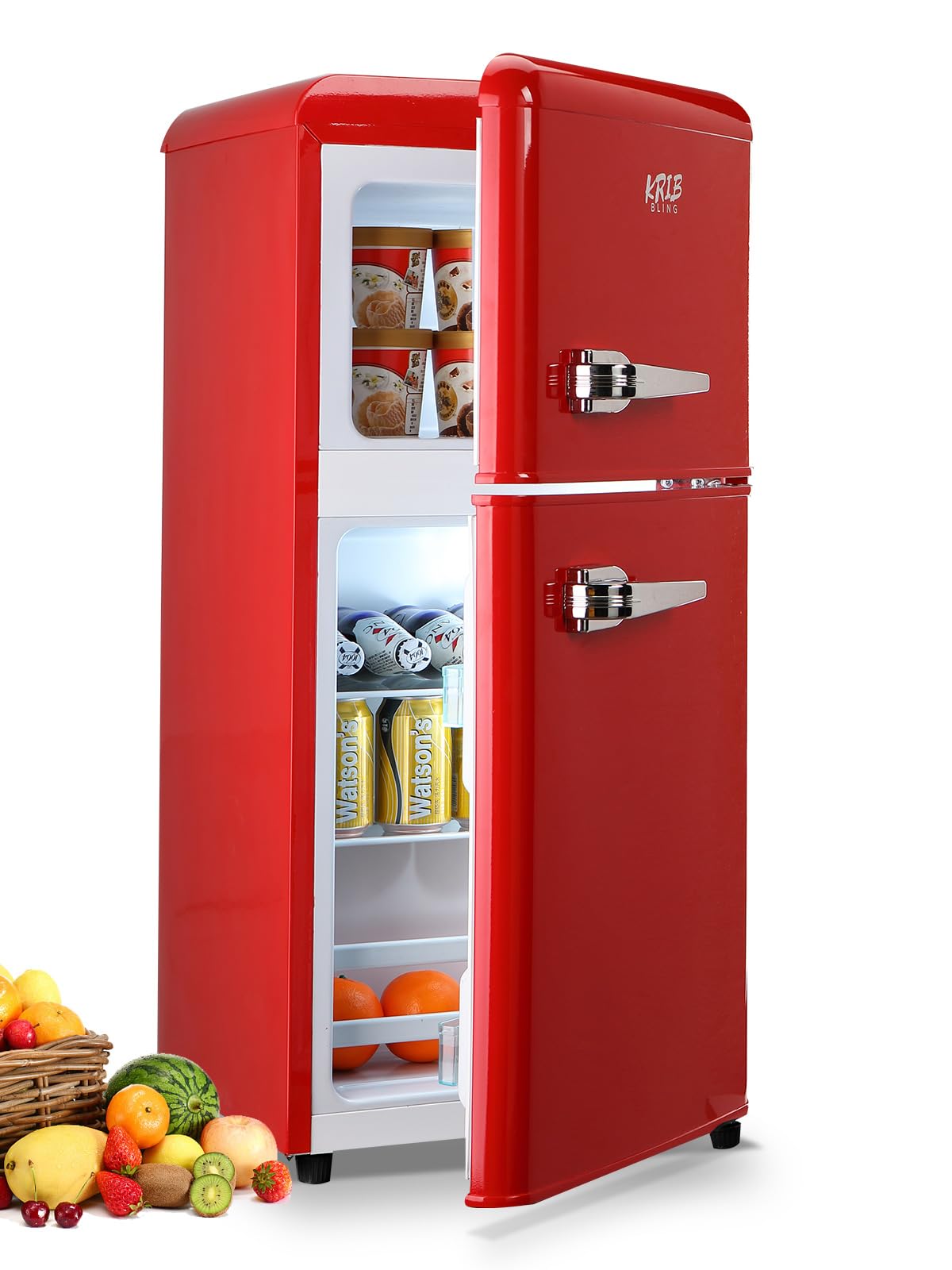 KRIB BLING 3.5 Cu.Ft Refrigerator with Freezer Double Door 7 Level Adjustable Thermostat for Dorm, Bar, Office,Kitchen, Apartment Red (KB02 FLS-80G-RED)