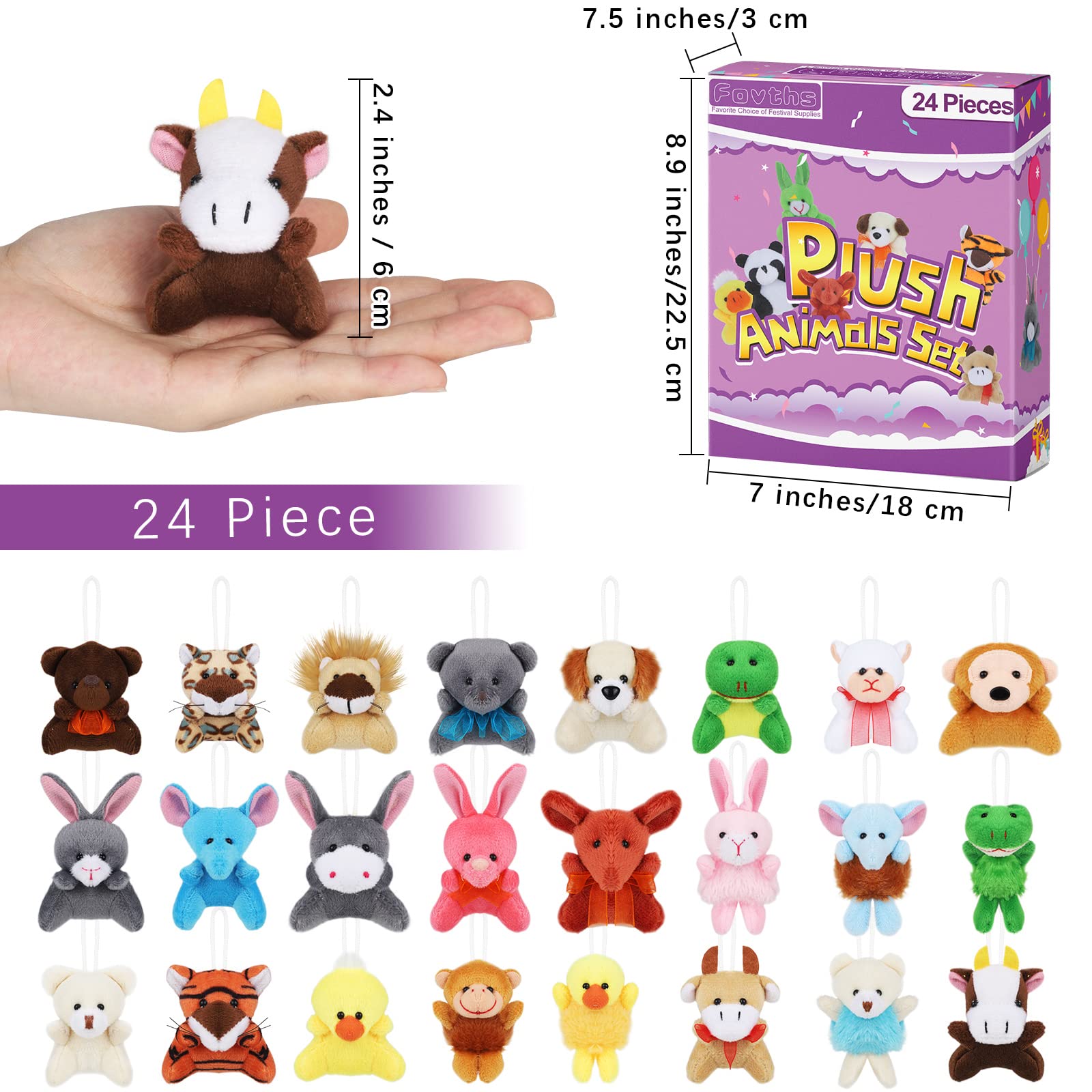 Fovths 24 Pieces Mini Plush Animals Toys Set Cute Small Stuffed Animal Keychain Set for Easter Hunts, Basket Stuffers, Easter Party Favor, Goodie Bag Fillers, 2.4 Inches