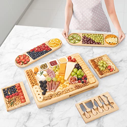 Charcuterie Board Set - FamRica Extra Large Cheese Board with 2 Drawers, Bamboo Cheese Tray Serving Board - Unique, Wedding, Housewarming, Birthday Gifts
