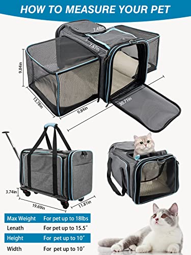 Cat Carrier, WHDPETS Large Pet Carrier with Wheels, Expandable Soft-Sided Cat Collapsible Carrier with 2 Large Extensions for Cats, Puppy and Small Animals