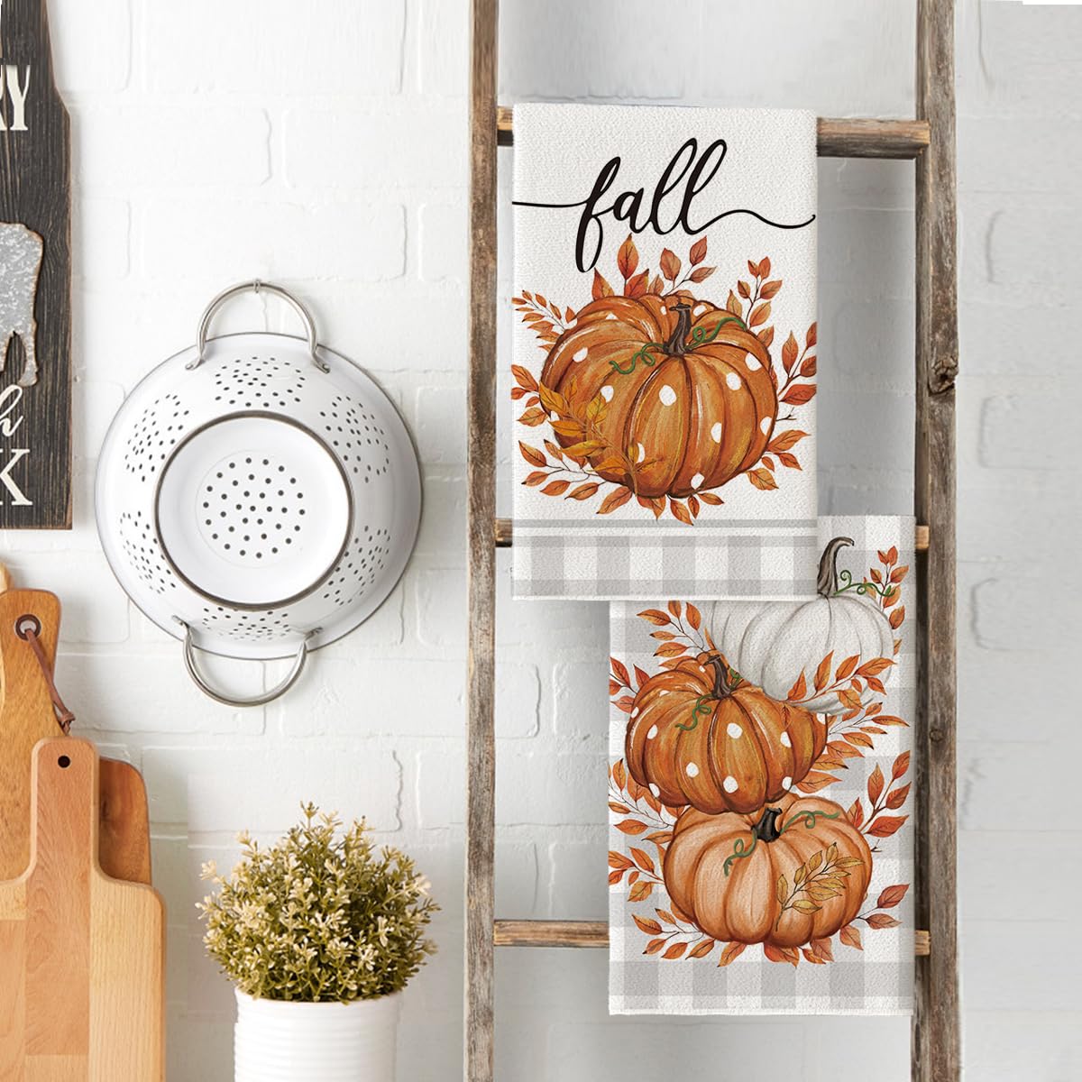 Artoid Mode Orange Buffalo Plaid Leaves Pumpkin Fall Kitchen Towels Dish Towels, 18x26 Inch Farmhouse Decoration Hand Towels Set of 2
