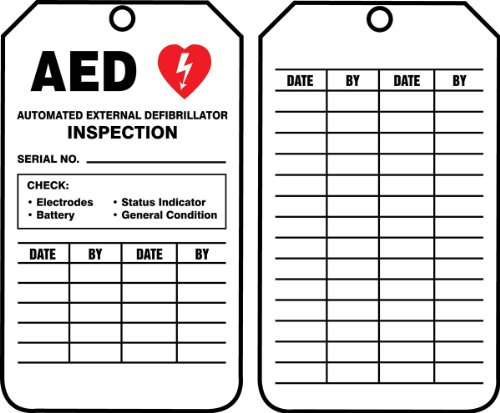 Accuform "AED AUTOMATED External DEFIBRILLATOR Inspection" Pack of 25 PF-Cardstock Inspection Record Tags, 5.75" x 3.25", Red/Black on White, TRS345CTP