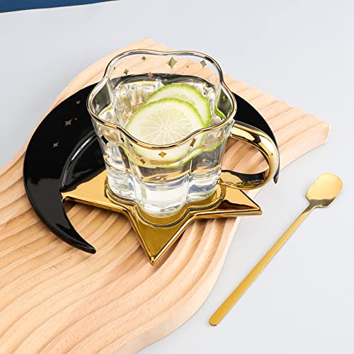 8.1 oz/240 ml Glass Coffee Cup And Ceramic Star Moon Saucer With Spoon Set Golden Handle Glass Cup Afternoon Tea Juice And Water Drinks cup (black)