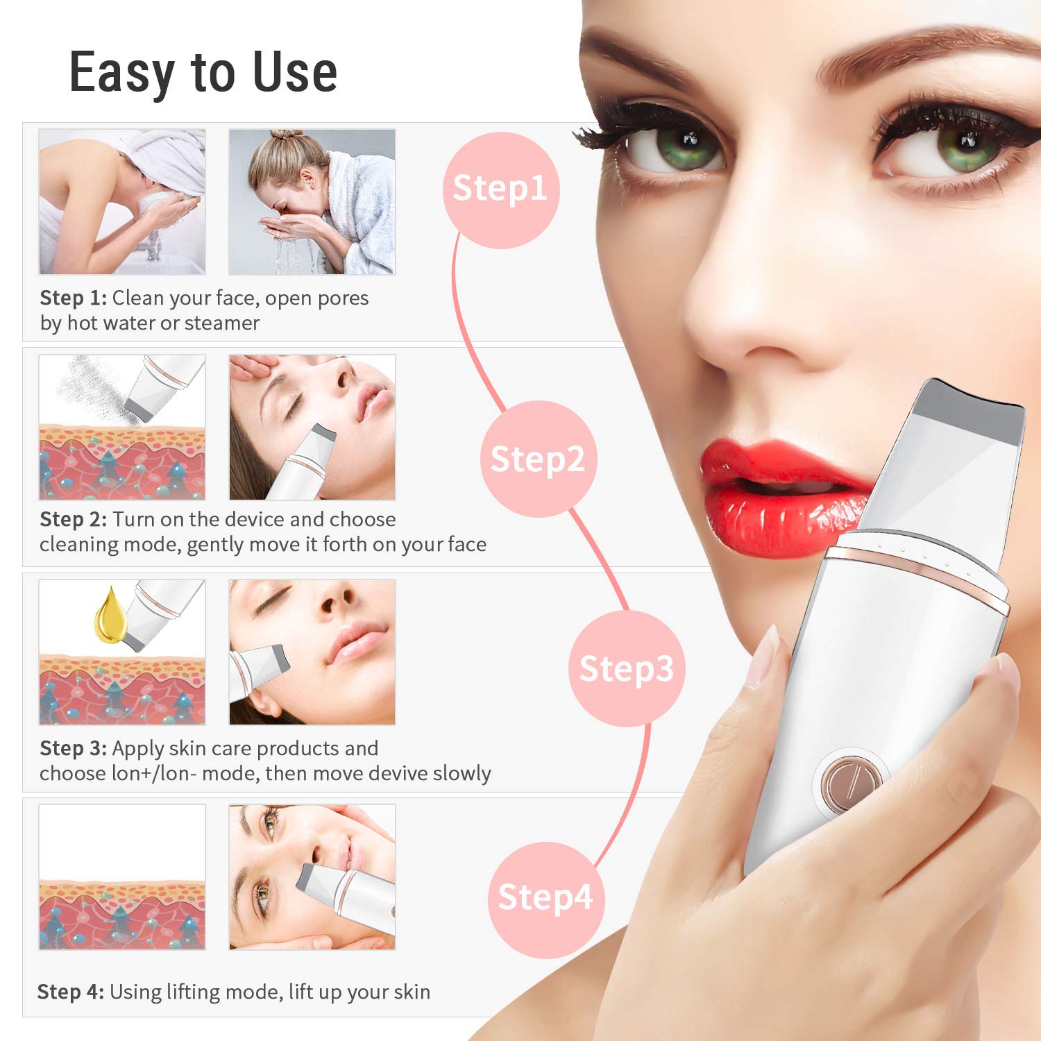 Skin Scrubber, Skin Spatula, Pores Cleanser Exfoliator Blackhead Remover Comedones Extractor for Facial Deep Cleansing with 4 Modes Include 4 Pcs Acne Reml Tool