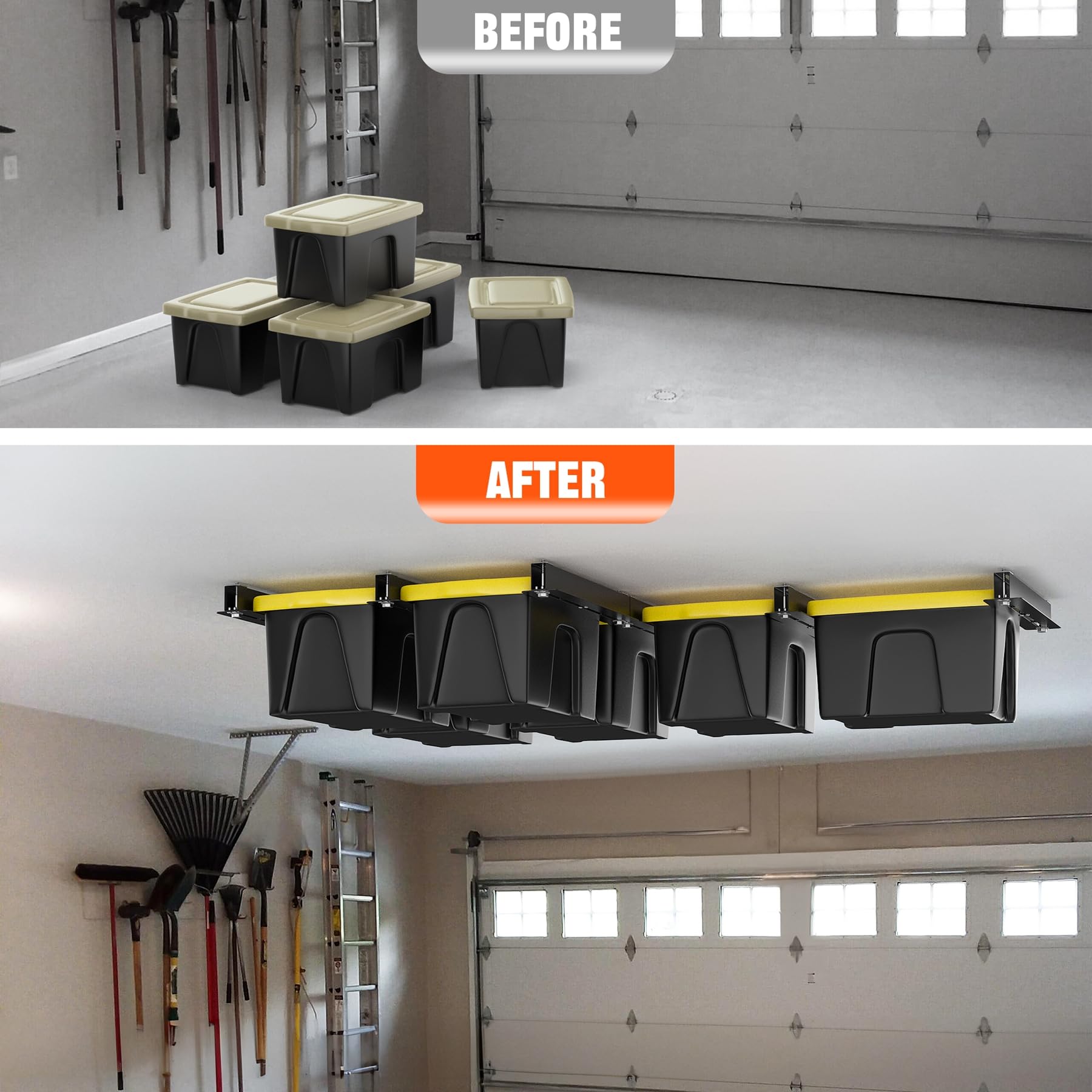 TORACK Garage 16" Studs Ceiling Bin Storage Rack, Overhead Tote Storage Rail System Heavy Duty Adjustable Tote Slide Garage Storage System(for 4 Bins, Bins are not included)