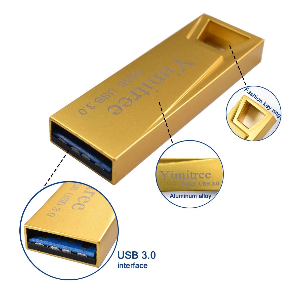 64GB USB 3.0 Flash Drive,Yimitree Pen Drive High Speed Thumb Drive Waterproof Capless Metal Pendrive USB Memory Stick Jump Drive (64GB, Gold)