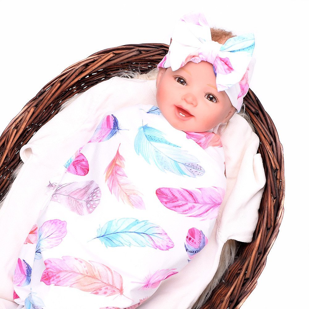 Galabloomer Baby Sleep Swaddle Blanket Large and Bow Headband Set 47 inch X 47 inch Feather