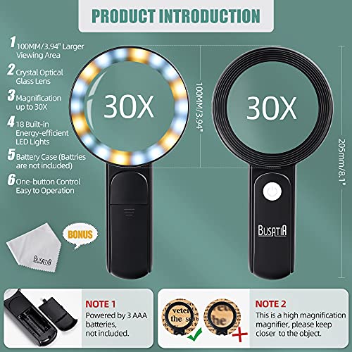 BUSATIA Magnifying Glass 30X, 18LED Handheld Magnifying Glass with Light, 4in Large Glass Magnifier with 3 Modes, Illuminated Magnifying Glass for Reading, Hobbies - with a Lens Cloth(Black)