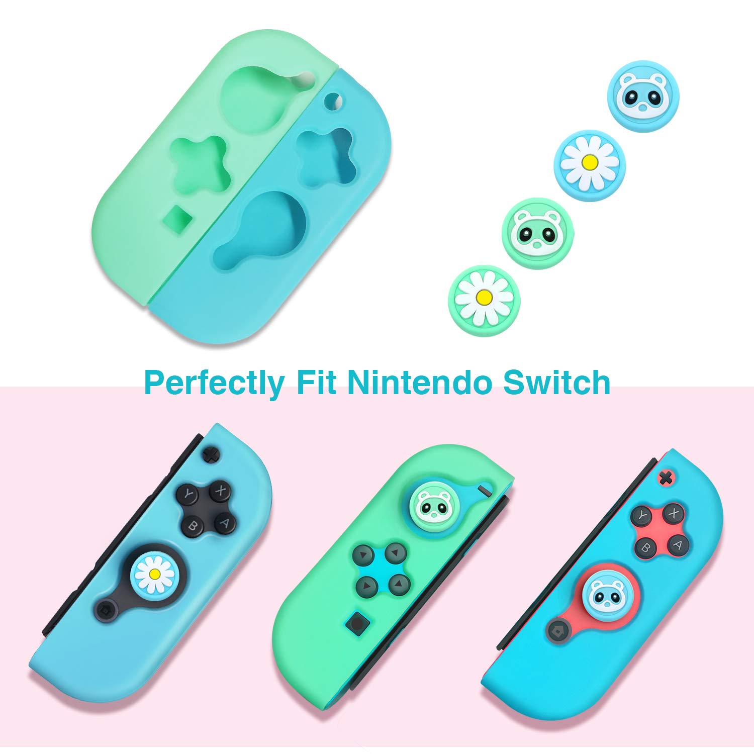 6amLifestyle 4 Pack Thumb Grip Caps with 2 Pack JoyCon Silicone Cover for Nintendo Switch, Blue& Green Joy-Con Controller Gel Guards with Raccoon Flower Cute Joystick Caps