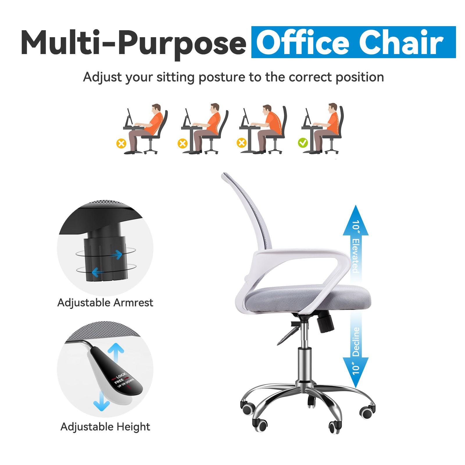 Nazhura Mesh Office Desk Chair with Adjustable Height and Swivel, Mid-Back with Armrests and Lumber Support(Mid-Height, Grey)