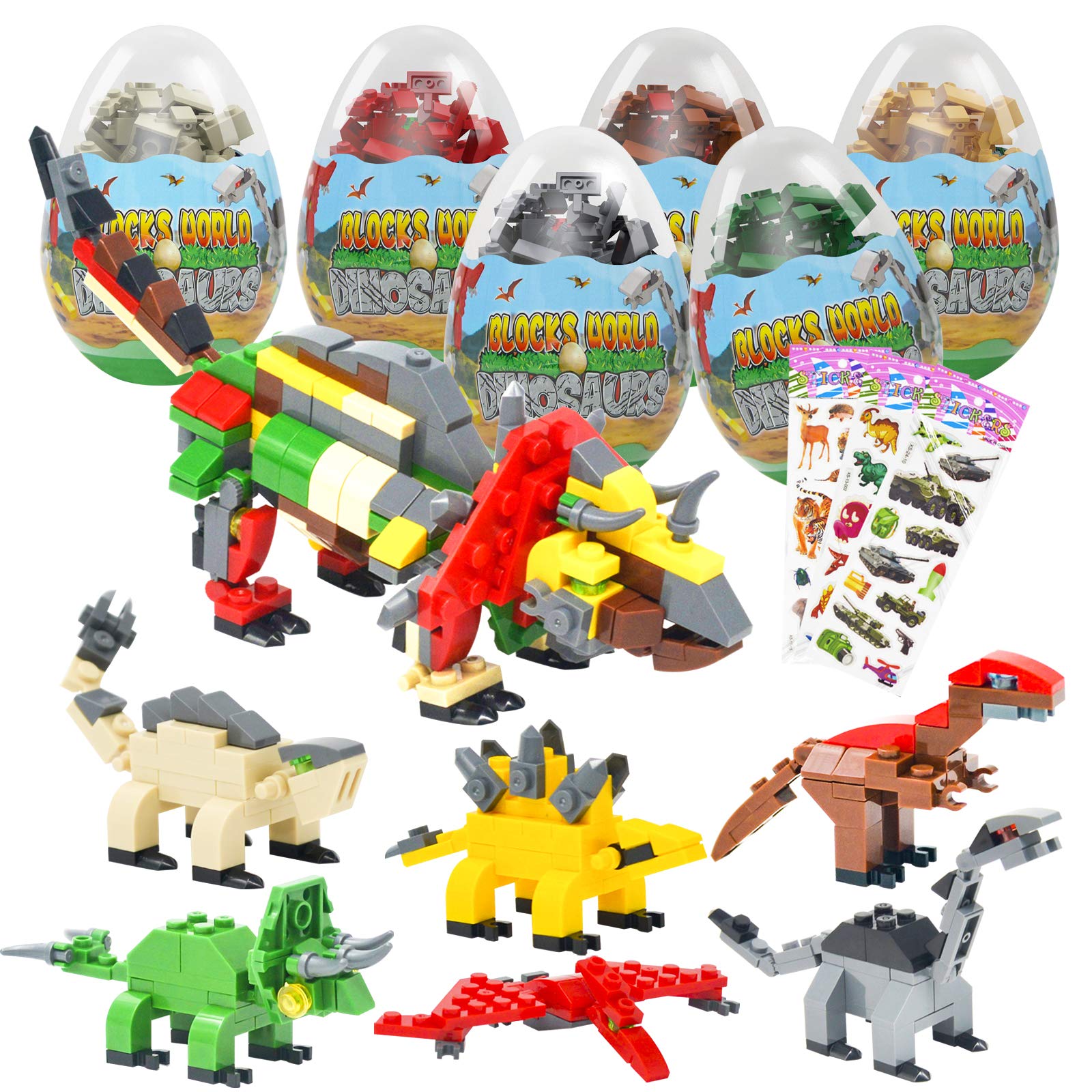 auryee 12PCS Pre Filled Easter Eggs Dinosaurs Party Favors Party Supplies Building Blocks Mini Animal Educational Toy Stacking Block Sets Science STEM Gift for Boys & Girls Kids Age 6+