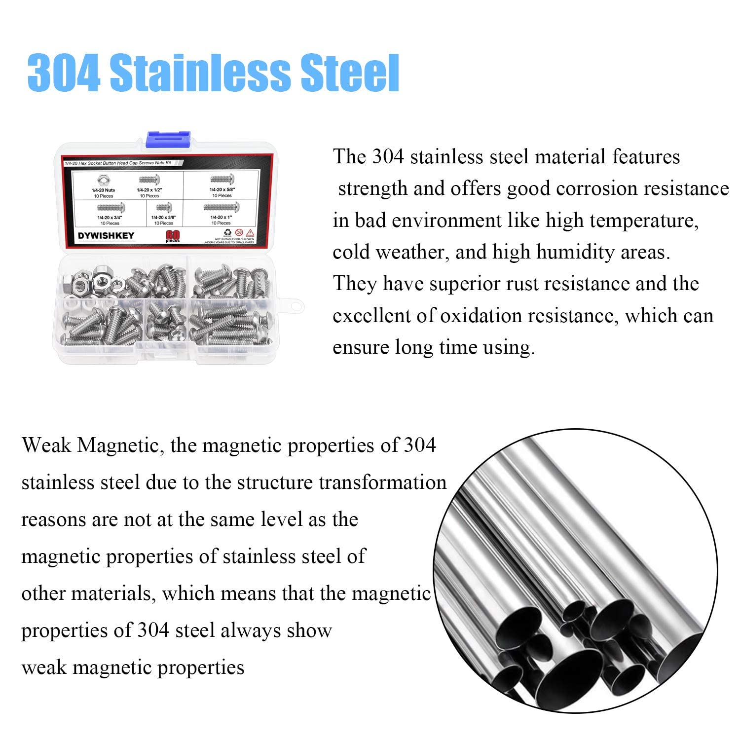 DYWISHKEY 60 Pieces 1/4-20 x 3/8" 1/2" 5/8" 3/4" 1" Stainless Steel 304 UNC Threads Hex Button Head Cap Screws Bolts and Nuts Assortment Kit with Hex Wrench