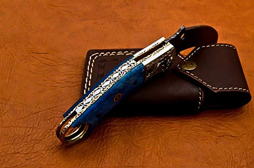8.5" Handmade Damascus Folding Pocket Knife Karambit Knife Hunting Knife Handle Camel Bone Handmade Damascus Steel with Leather Sheath B50