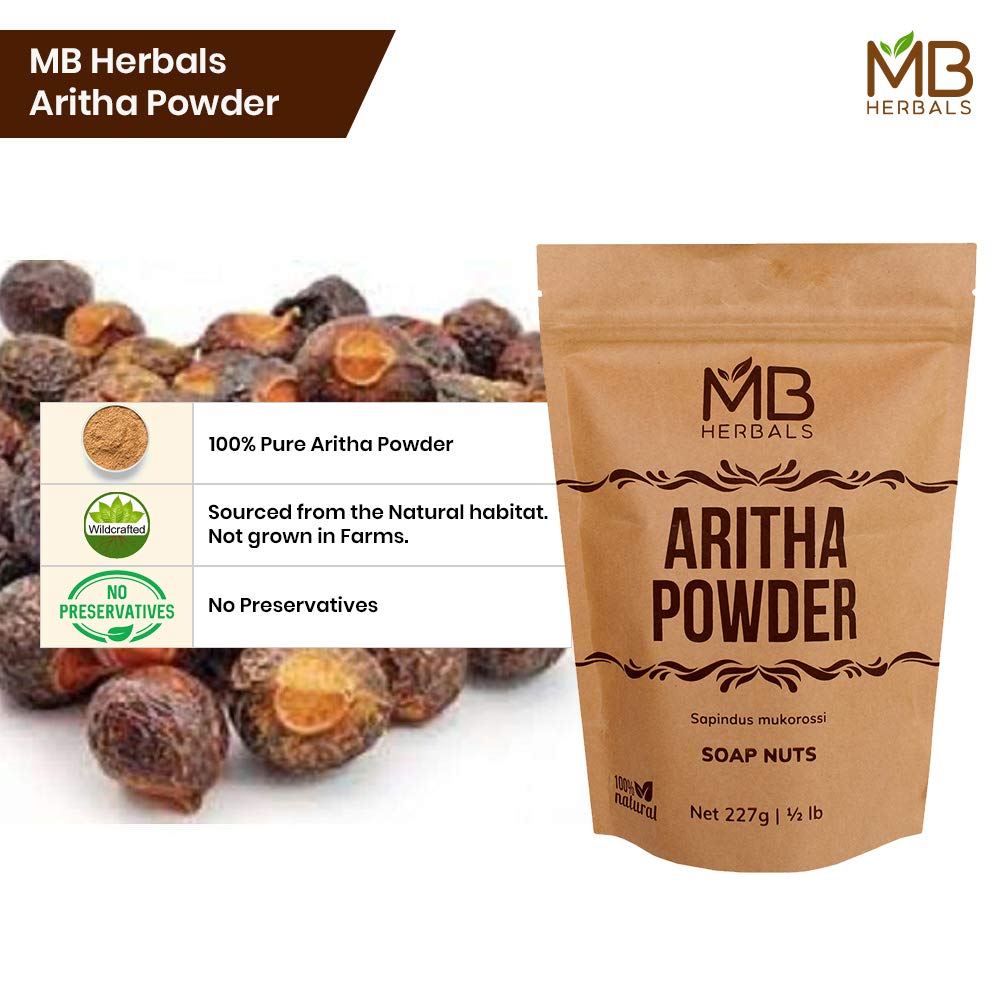 MB Herbals Aritha Powder 8 oz | 227G | 100% Pure & Organically Grown (Wild-crafted) Soap Nut Powder | Natural Hair Shampoo & Conditioner | Sapindus mukorossi
