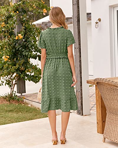 BTFBM Elegant Short Sleeve V Neck Swiss Dot Midi Summer Dresses for Women 2023 Boho Ruffle Long Dresses Ruffle Cocktail Dress(Solid Green,X-Large