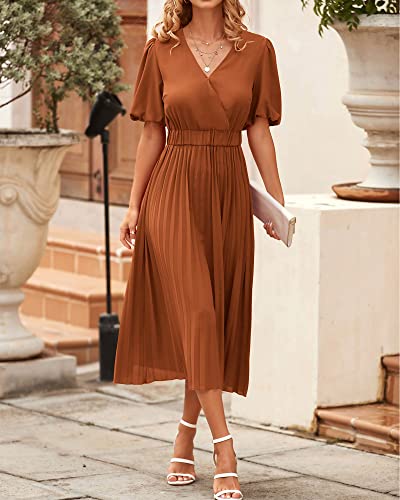 BTFBM Women Casual Dresses 2023 Summer Boho Wrap V Neck Puff Short Sleeve Beach Party Flowy Pleated A-Line Maxi Dress(Solid Brick Red, Large)