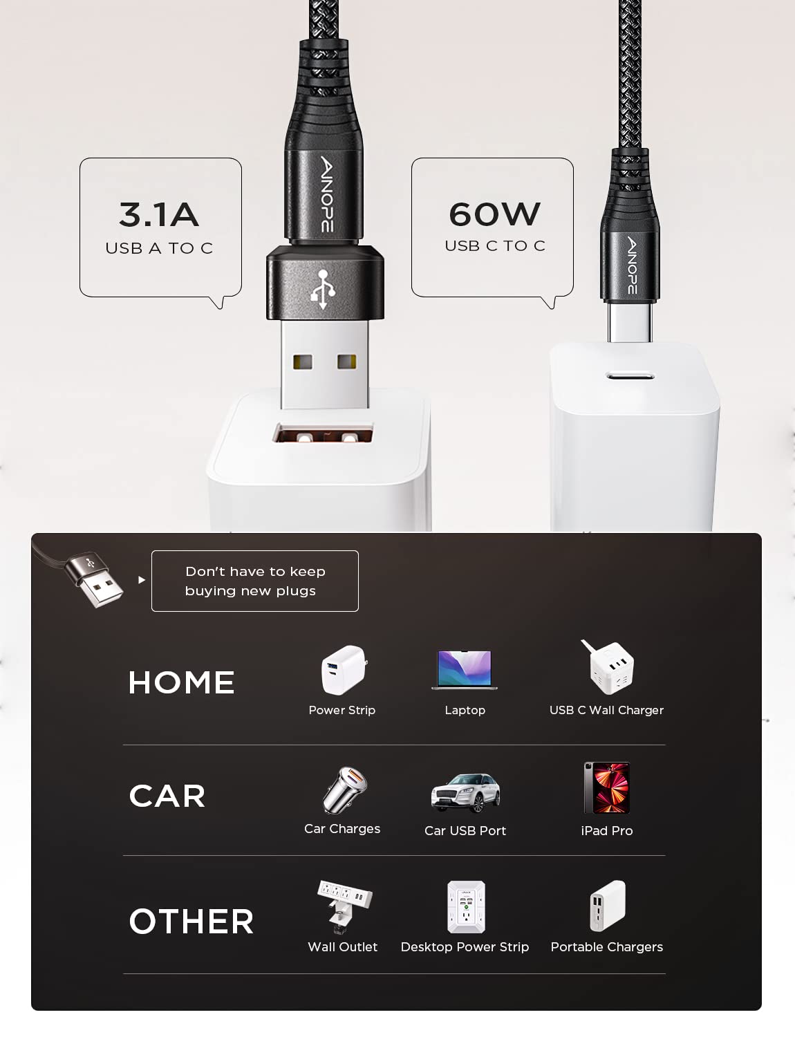 AINOPE USB C Charger Cable [2-Pack, 6.6ft] 60W USB C to USB C Cable for iPhone 15 Pro Max Fast Charging Cable Type C Fast Charge Cable for iPhone 15 Pro Max Plus iPad Pro Galaxy S23