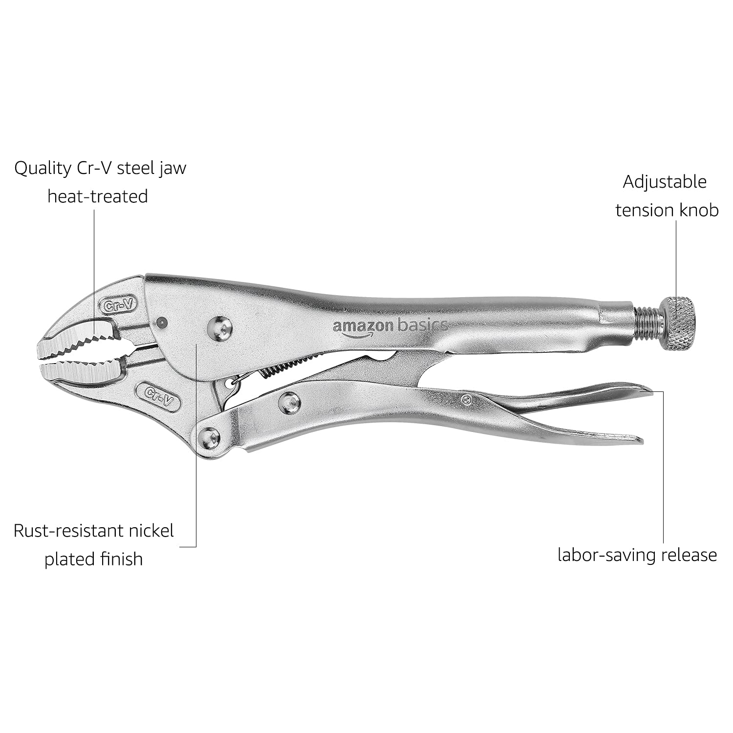 Amazon Basics 5-Piece CR-V Locking Pliers and Wire Cutters Set with Carrying Case, 2 Straight, 3 Curved Jaw, 6.5-10 Inch, Silver