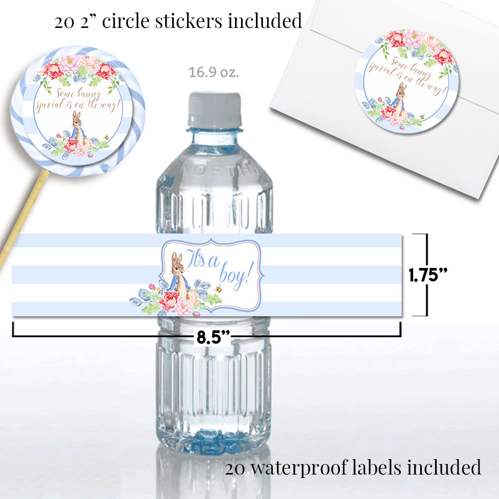 Amanda Creation Little Rabbit Boy Baby Shower Party Bundle Includes 20 each of Invitations with Envelopes + 4 Different Sizes of Decorative Stickers, Diaper Tickets & Bring a Book Cards