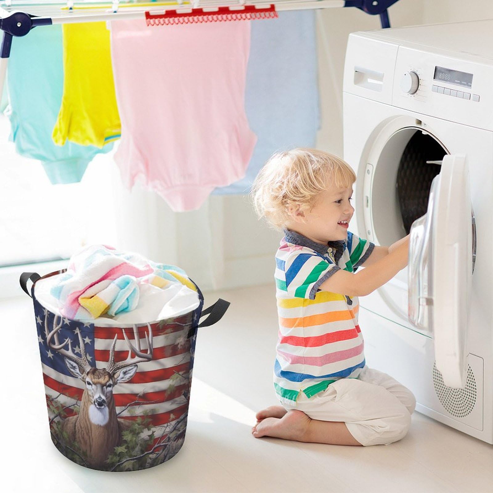American Deer Flag Laundry Basket Hamper Bag Dirty Clothes Storage Bin Waterproof Foldable Toy Organizer for Bedroom Clothes Toys Basket