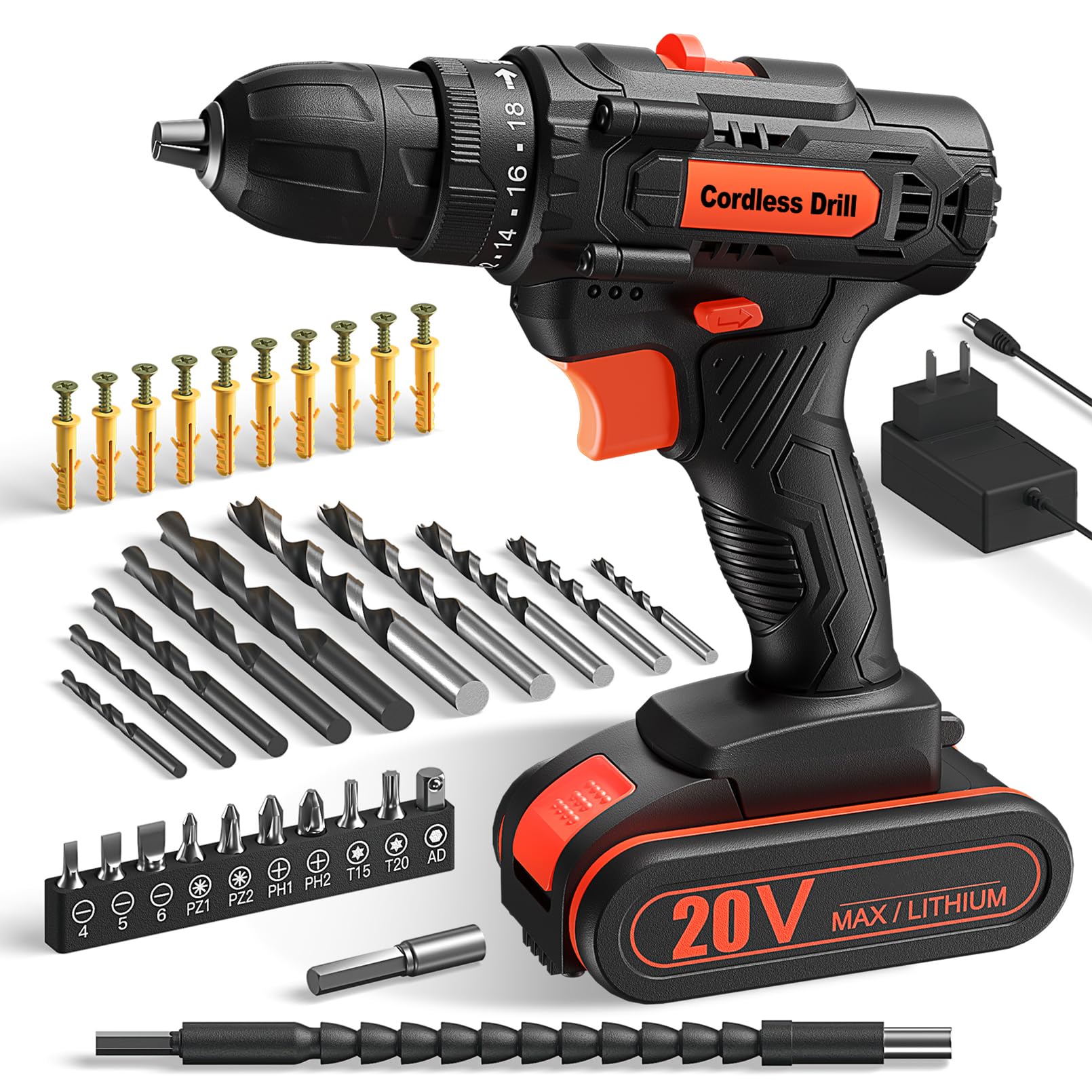 Cordless Drill 20V, Drill Set with 42pcs Accessories and Battery 2.0Ah, Electric Drill 25+1 Torque Setting, 2 Speed, 3/8" Keyless Chuck, LED Light, Electric Power Drill for Home DIY and Garden Repair