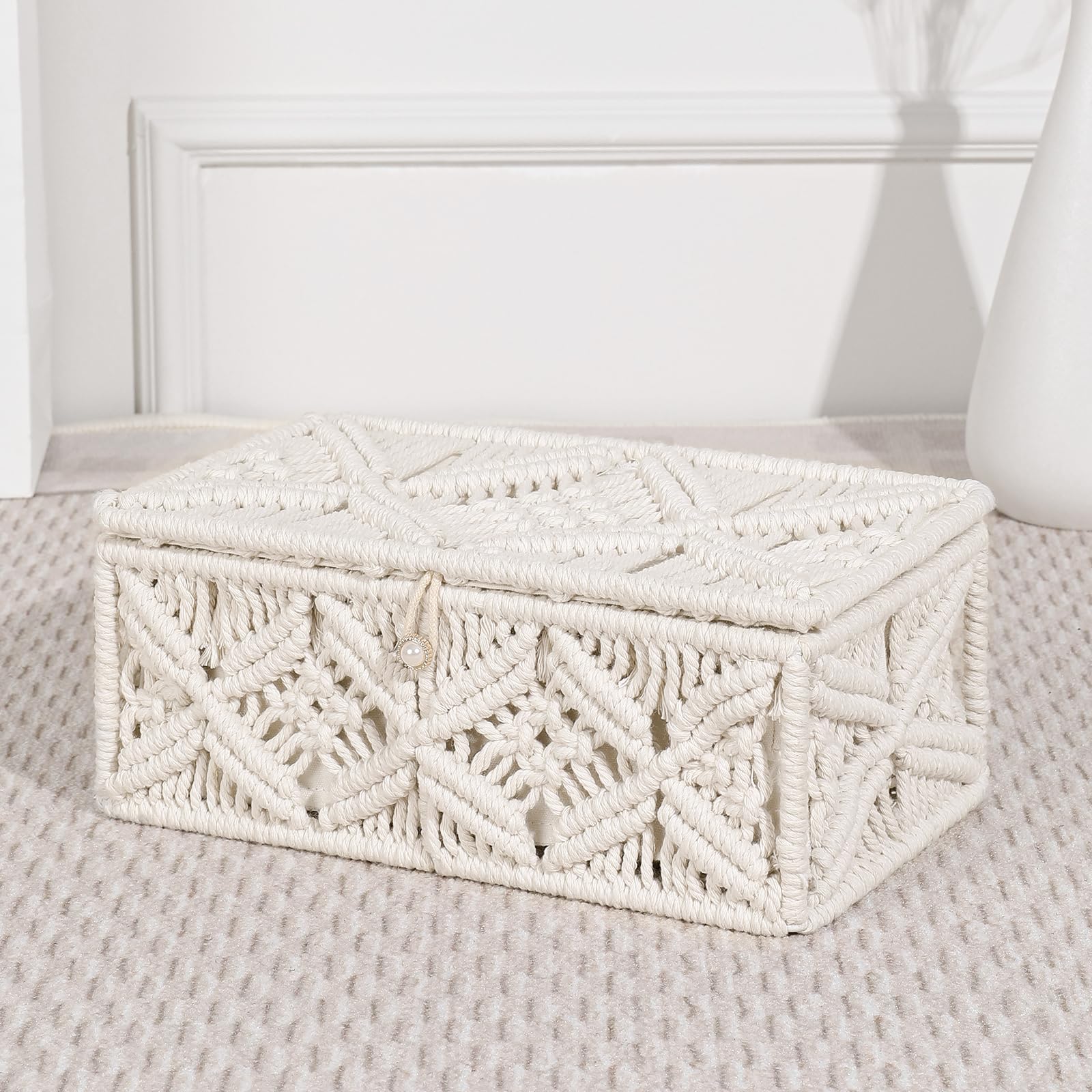 ANMINY Macrame Storage Basket with Lid & 25Pcs Organza Gift Bags Bohemian Jewelry Box Handmade Woven Natural Cotton Rope Lidded Bin Decorative Desktop Organizer Countertop Tank Shelf Cabinet Container