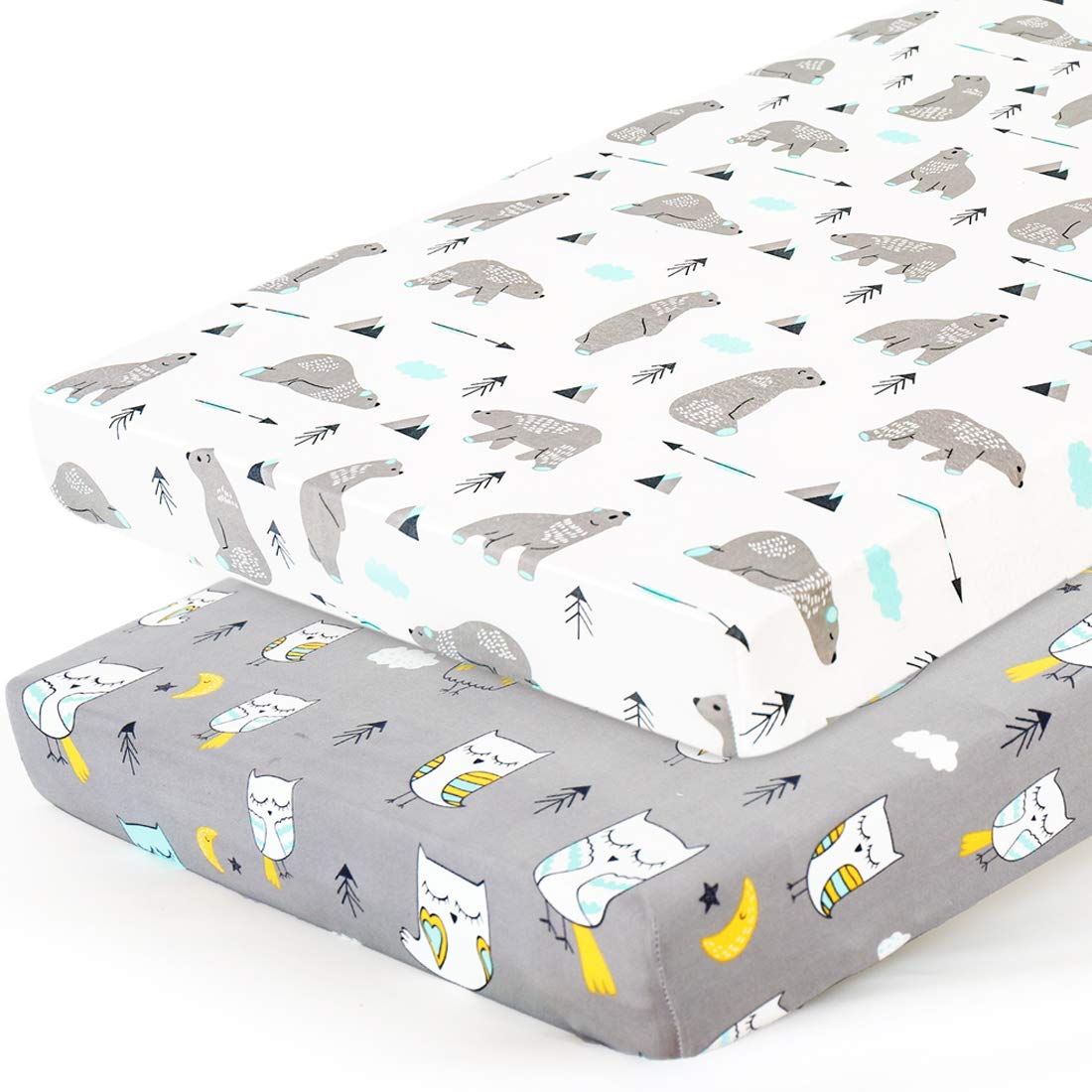Pack n Play Sheets, BROLEX 2 Pack Mini Crib Sheets,Stretchy Portable Fitted Playard Sheet Set, Convertible Playard Mattress Cover,Ultra Soft Breathable Material,Owl & Bear