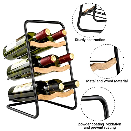 AQAREA Wine Racks Countertop(Iron&Wood) Rustic 3-Tier 6-Wine Bottles Holder Countertop Small Wine Bottle Storage Rack Stand