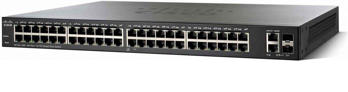 Cisco SF220-48P Smart Switch with 48 10/100 Fast Ethernet plus 2 Gigabit Ethernet (GbE) Ports, 375W PoE, Limited Lifetime Protection