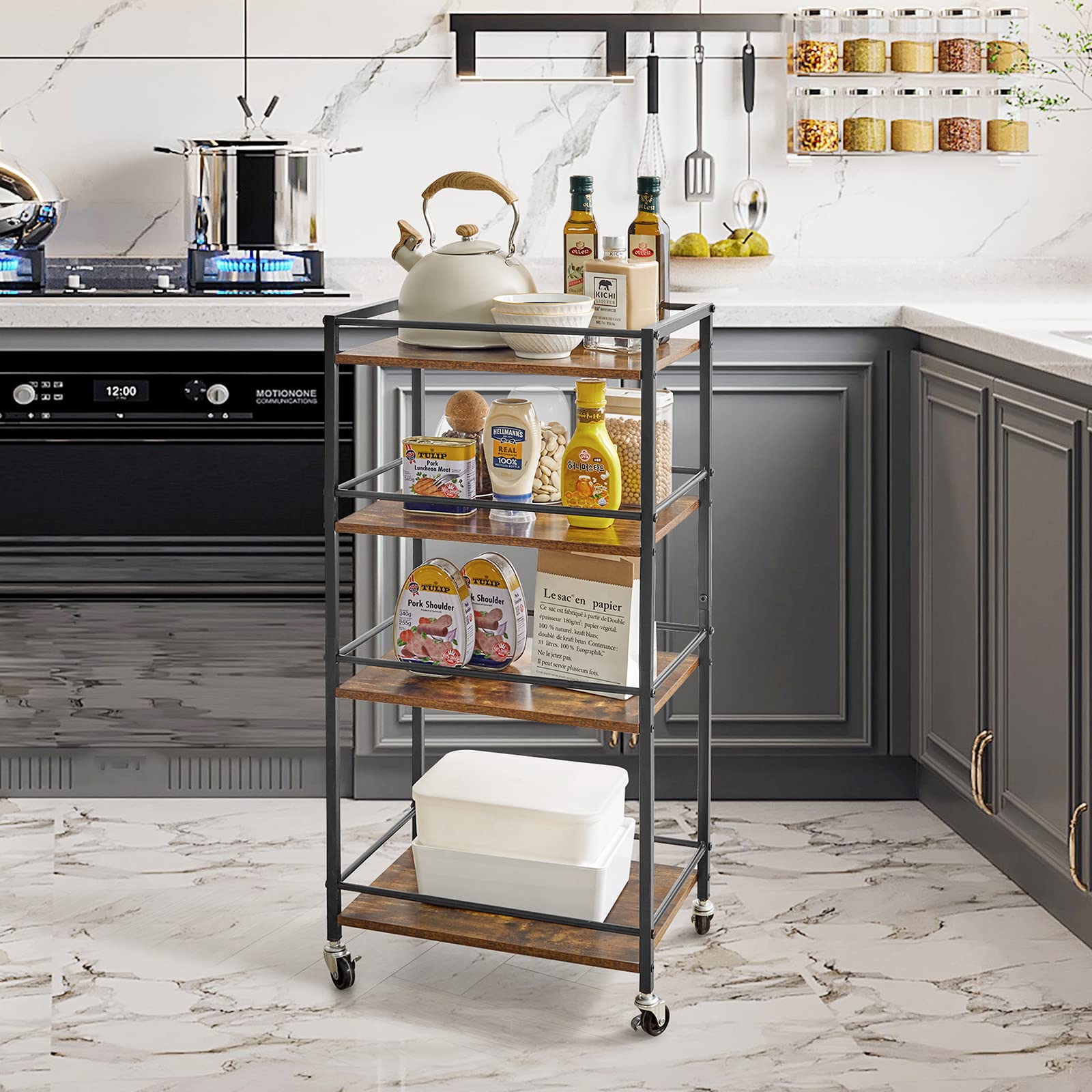 IBUYKE Industrial Bar Carts, Kitchen Storage Serving Cart, Mobile Kitchen Shelf,4 Tier Storage Cart for Bath, Kitchen, Bedroom, Living Room Rustic Brown and Black TMJ419H