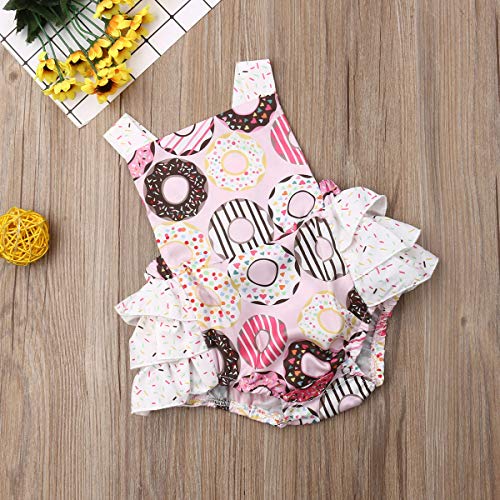 Lamuusaa Newborn Baby Girls Fly Sleeve Ruffled Romper Colorful Doughnut Bodysuit Jumpsuit Headband Summer Outfit 0-24M (6-12M, Pink)