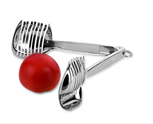 i Kito Tomato Lemon Slicer Holder Round Fruits Onion Shreader Cutter Guide Tongs with Handle Kitchen Cutting Potato Lime Food Stand Stainless Steel