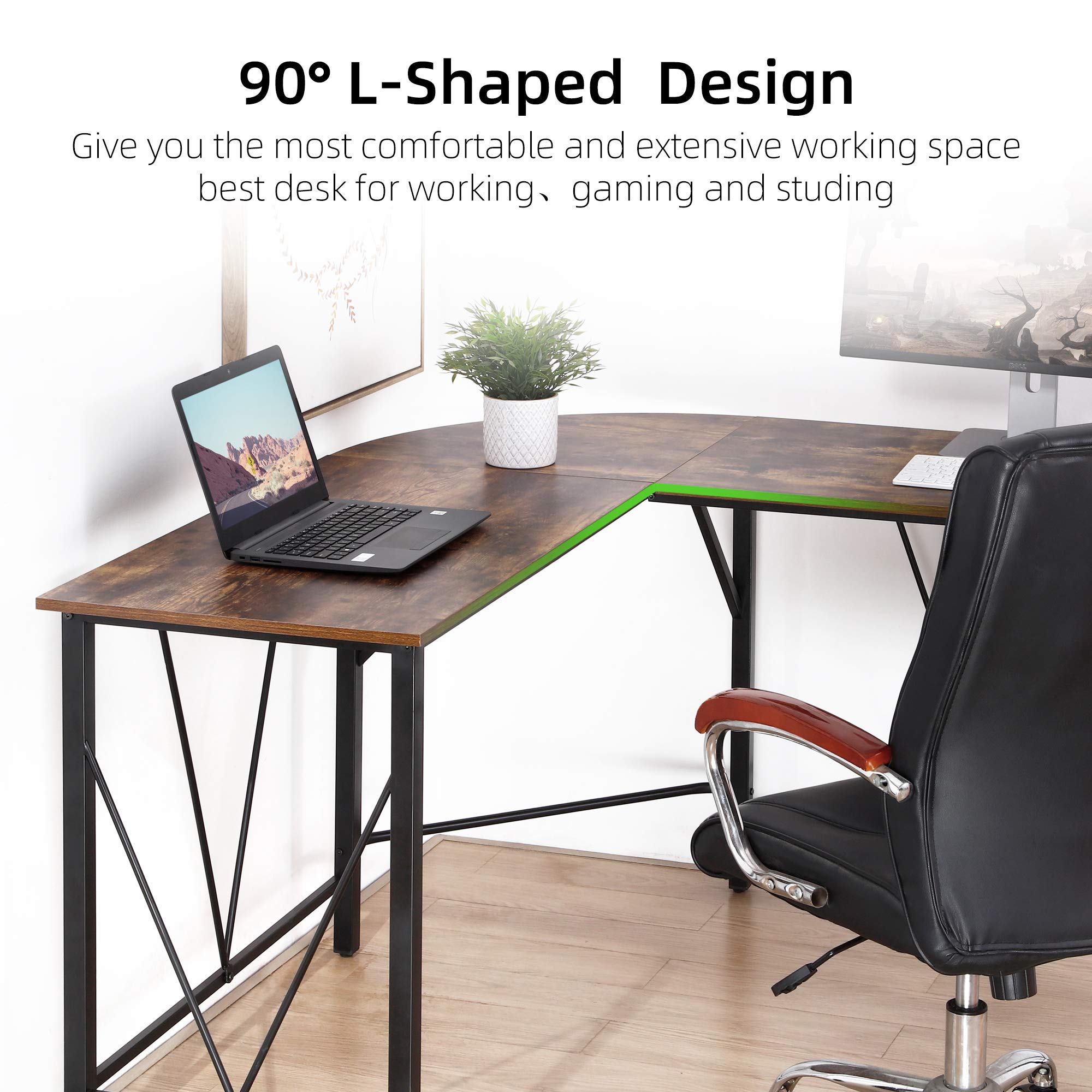 Amyove L-Shaped Desk, Home Office Desk with Round Corner,Computer Gaming Desk Table,Space-Saving/Easy to Assemble (Retro Color)