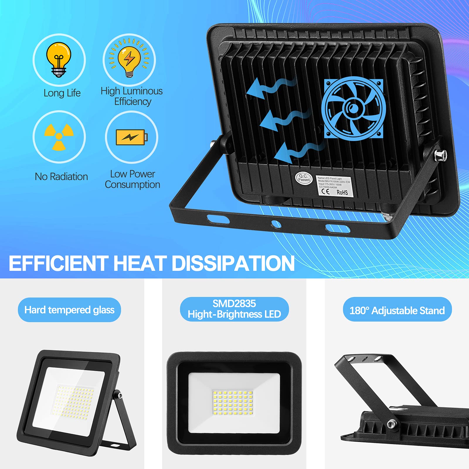 CTWUYOU LED Flood Light 100W Cold White 6500K Work Light,IP68 Waterproof Outdoor Spotlight,Suitable for Safety Lights for Gardens, Courtyards, Garages, Lawns