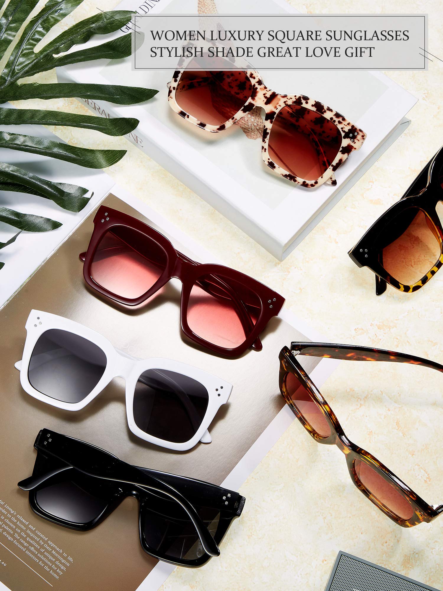 6 Pairs Oversized Sunglasses Vintage Retro Square Frame Sunglasses with Flat Lens and 3 Pieces Glass Cloths