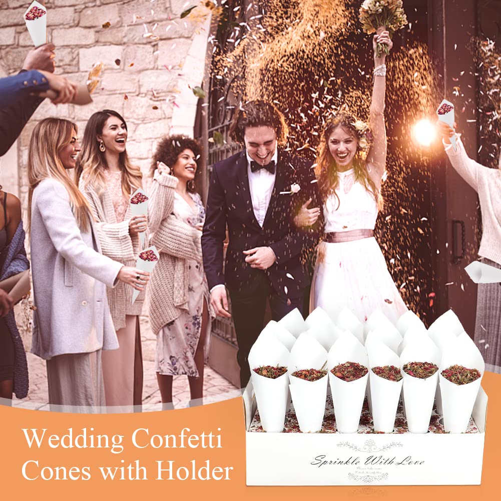 Bekecidi 30 Pieces biodegradable confetti Cones and Stand Tray Paper Cone Box 30 Holes Suitable Placing Dried Flower Petals Confetti for Wedding, Engagement, Party, Birthday (White)