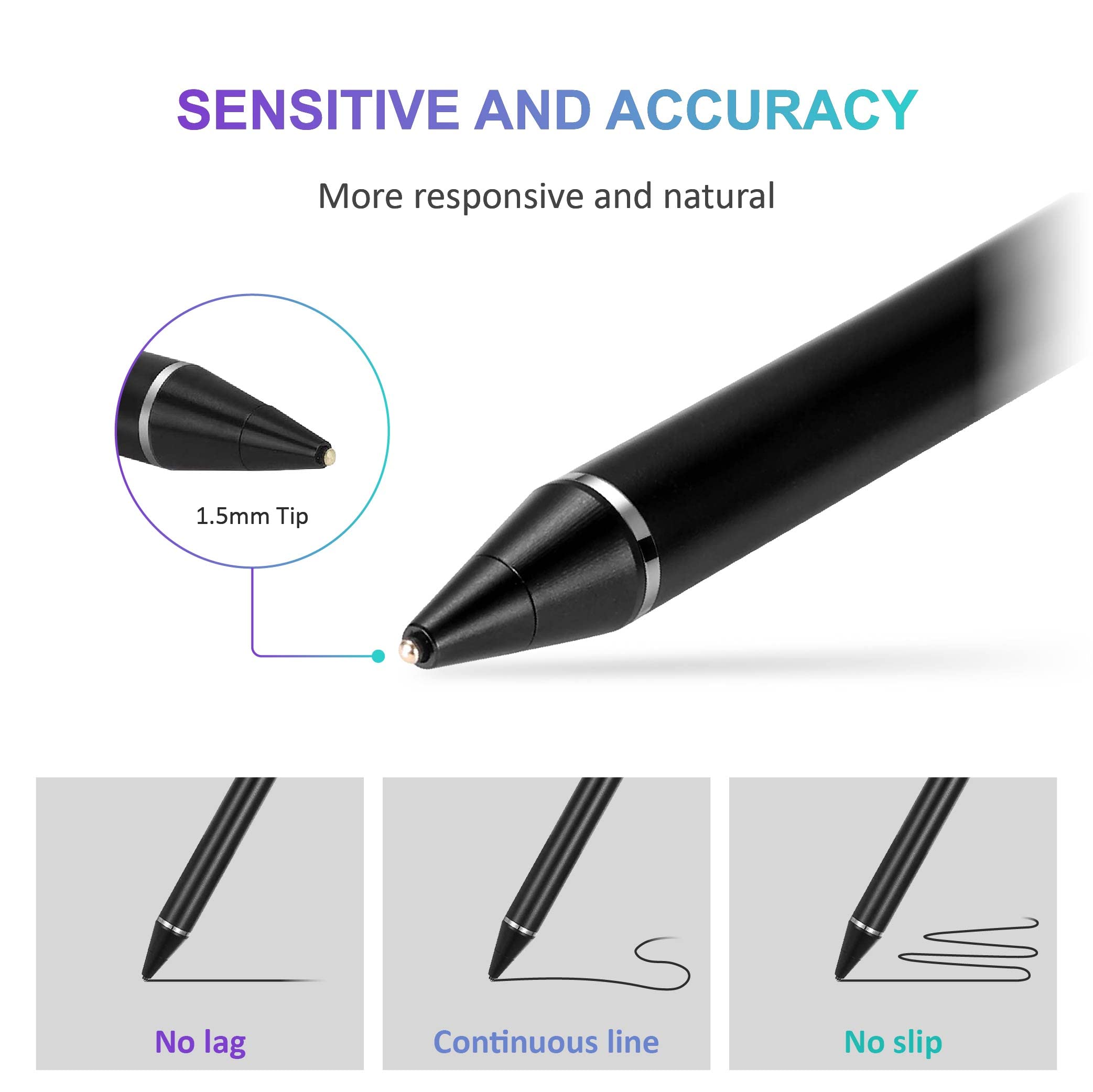 Active Stylus Pen Compatible for Touch Screens, Digital Rechargeable Stylish Pencil universal with Touch Function, Stylus pen for iPhone/iPad Pro/Air/Mini/iPhone/Android and Most Touch screens (Black)