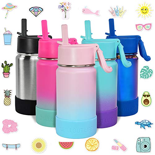CHILLOUT LIFE 12 oz Kids Insulated Water Bottle for School with Straw Lid LeakproofΒ and Cute Waterproof Stickers, Personalized Stainless Steel Thermos Flask Metal Water Bottle for Girls & Boys