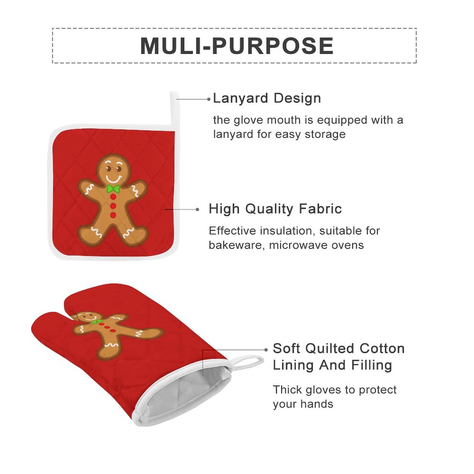 4PCS Oven Mitts and Pot Holders Sets, Sweet Xmas Gingerbread Red Oven Mitts Set Heat Resistant Kitchen Microwave Gloves Safe for Baking,Cooking, BBQ