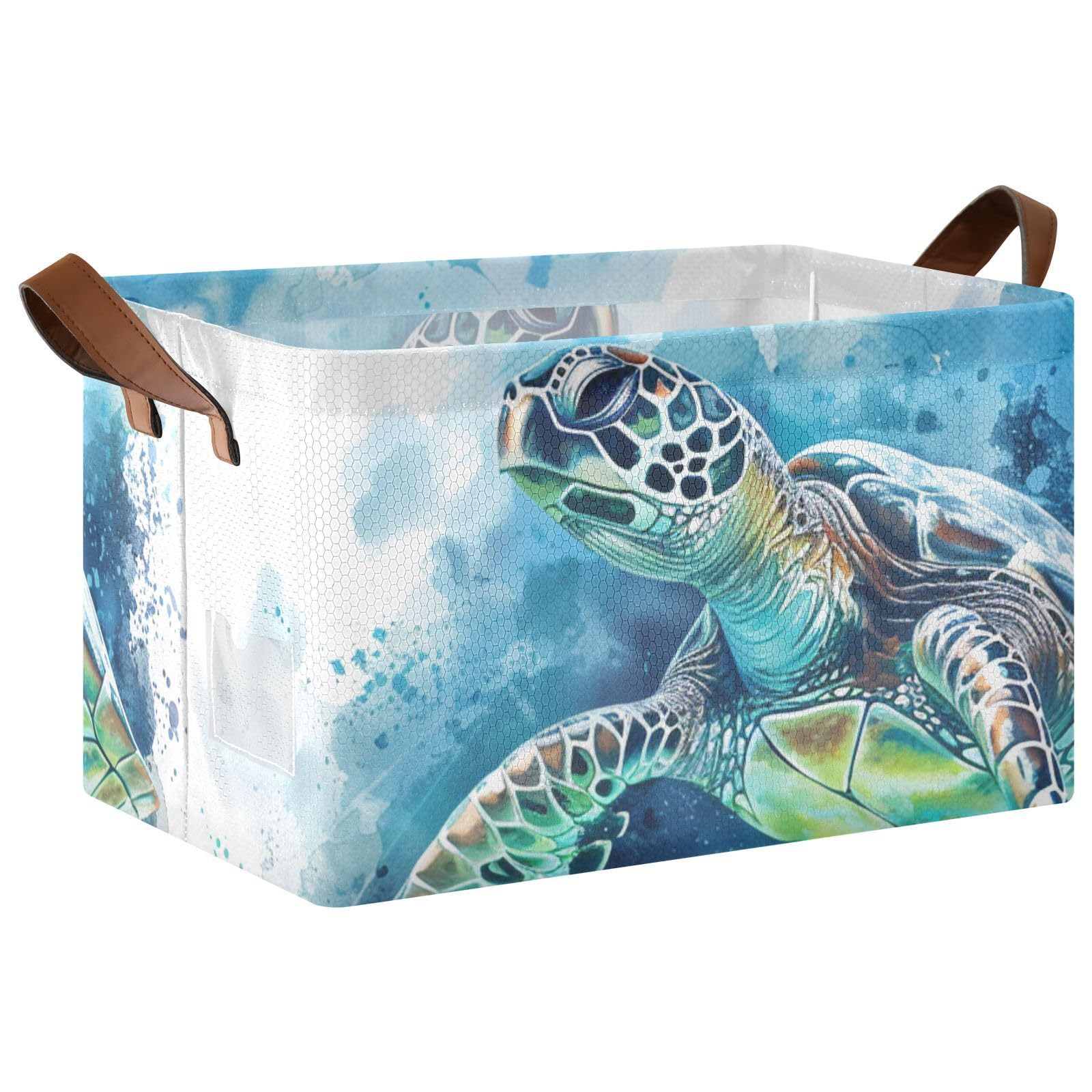 ALAZA Watercolor Sea Turtle Fabric Storage Bins Collapsible Storage Cube Organizer Basket with Handles for Shelves Colset Wardrobe Organizition