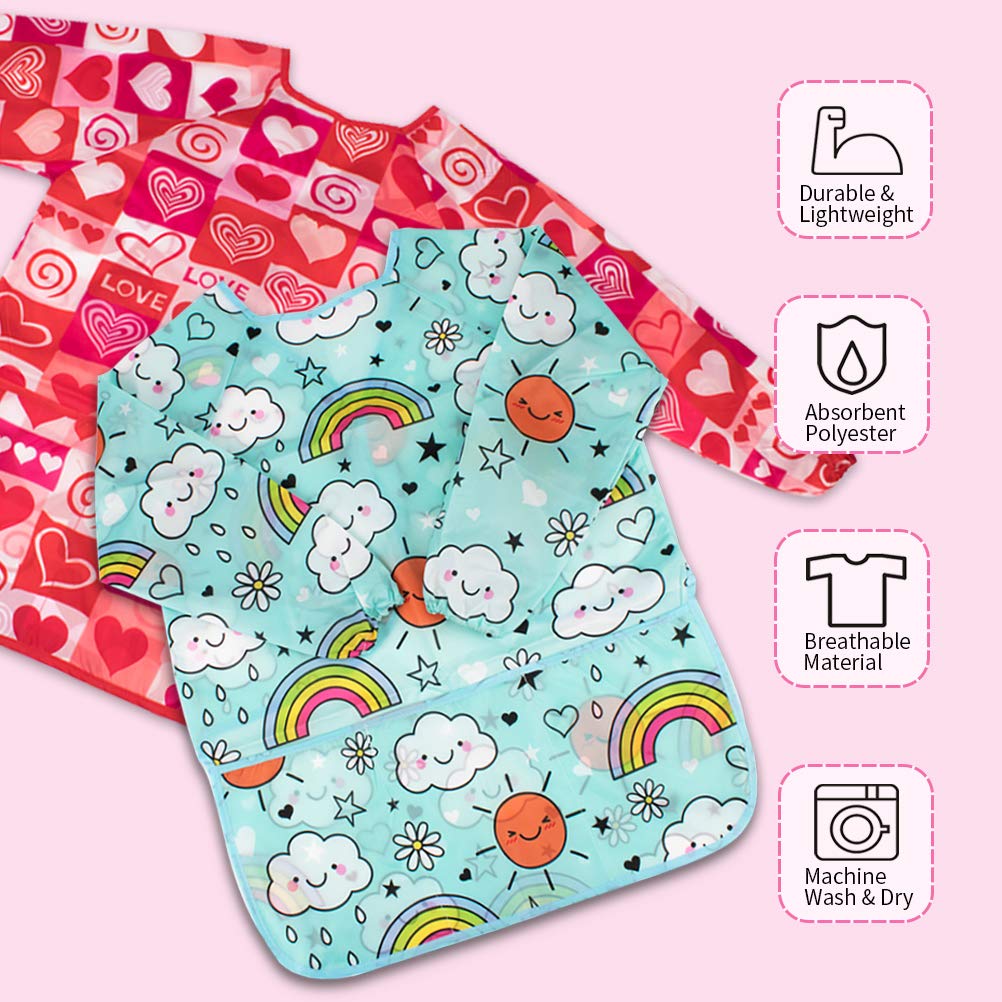CUBACO 2 Pack Kids Art Smock Kids Waterproof Painting Apron Children's Artist Apron with Long Sleeve and 3 Pockets
