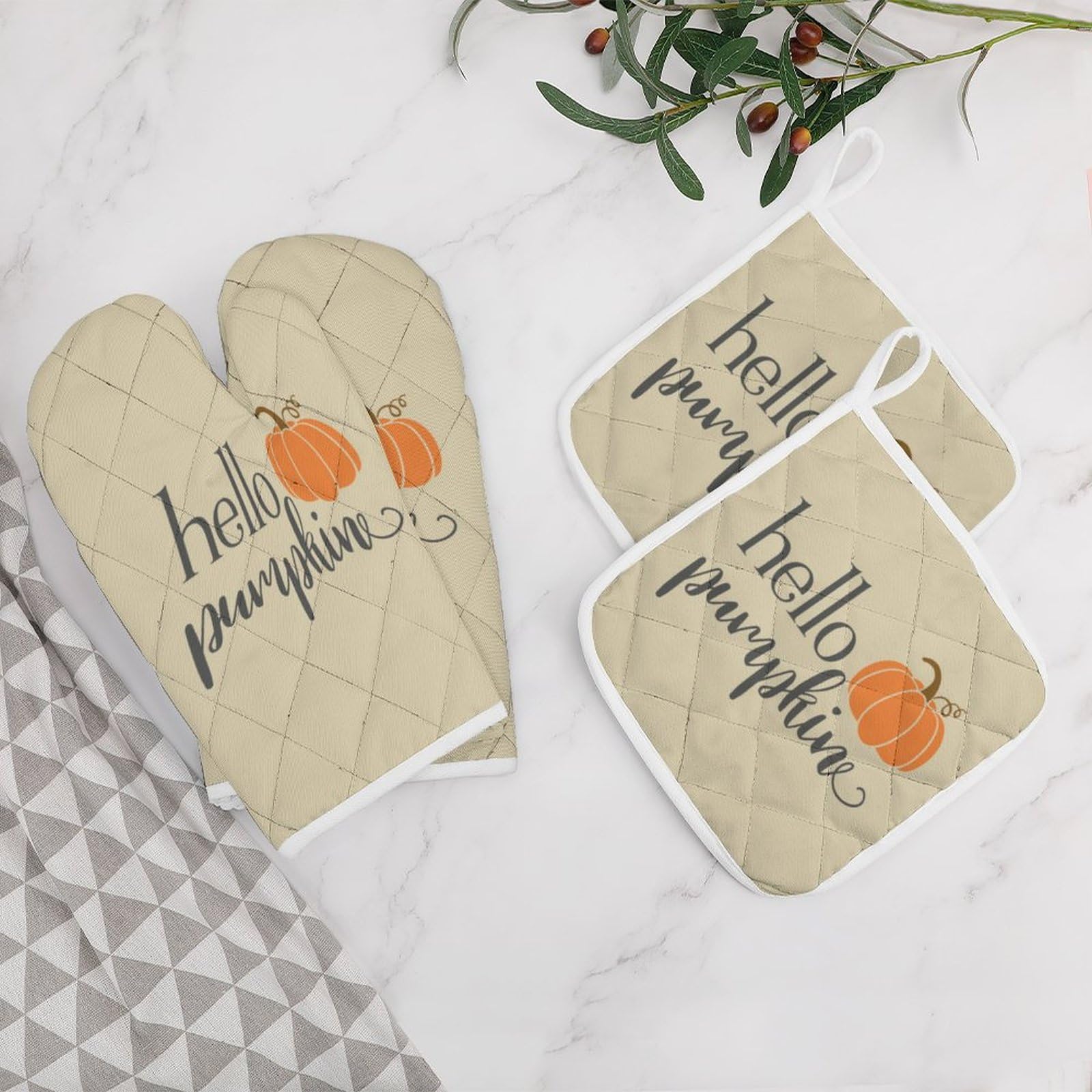 4PCS Oven Mitts and Pot Holders Sets, Hello Pumpkin Orange Harvest Fall Beige Oven Mitts Set Heat Resistant Kitchen Microwave Gloves Safe for Baking,Cooking, BBQ